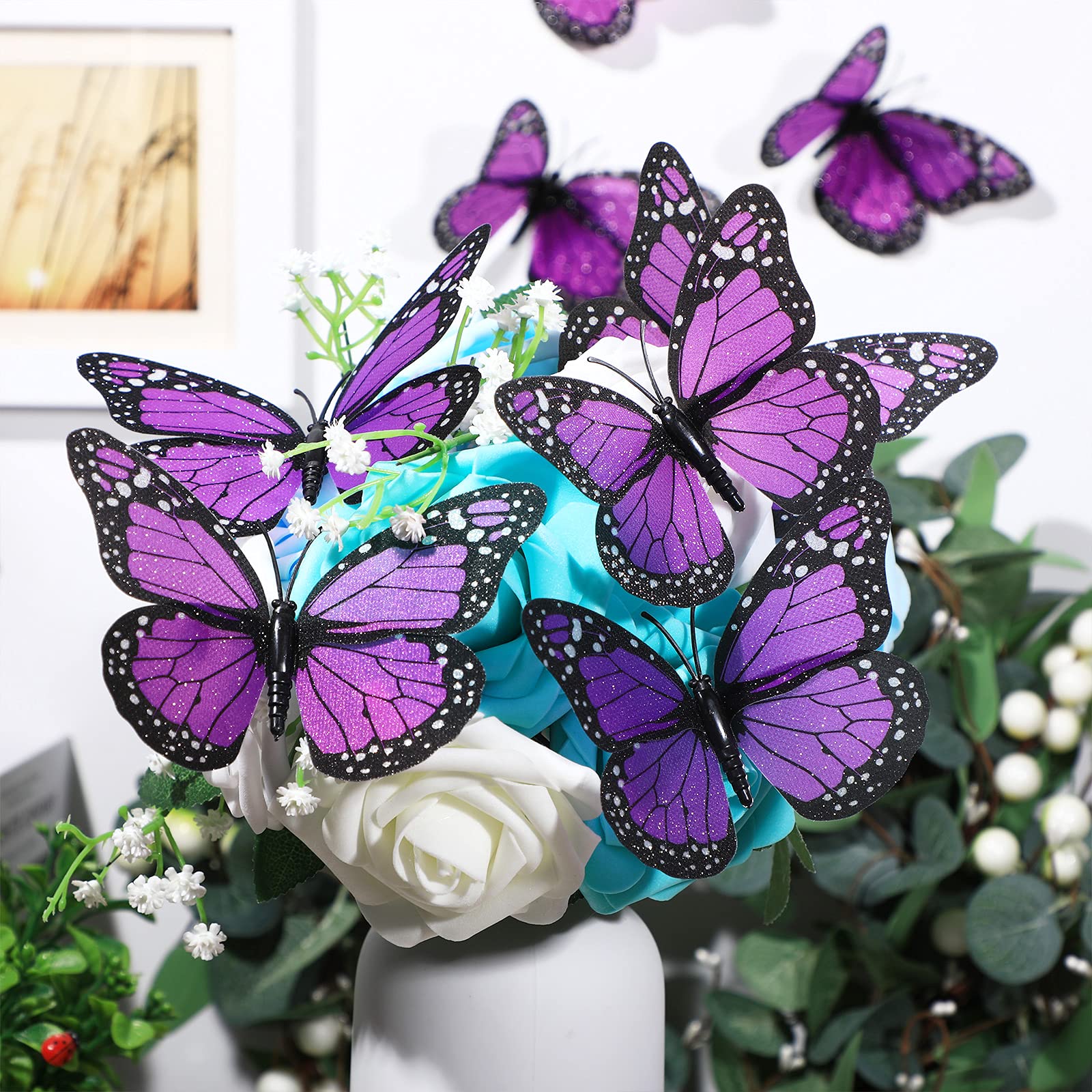 Monarch Butterfly Decorations Halloween Butterfly Wall Decor 4.7 inch Orange Artificial Fake Butterflies for Crafts 3D Magnet for Home Wall Wedding Bedroom (Purple, 24 Pieces)