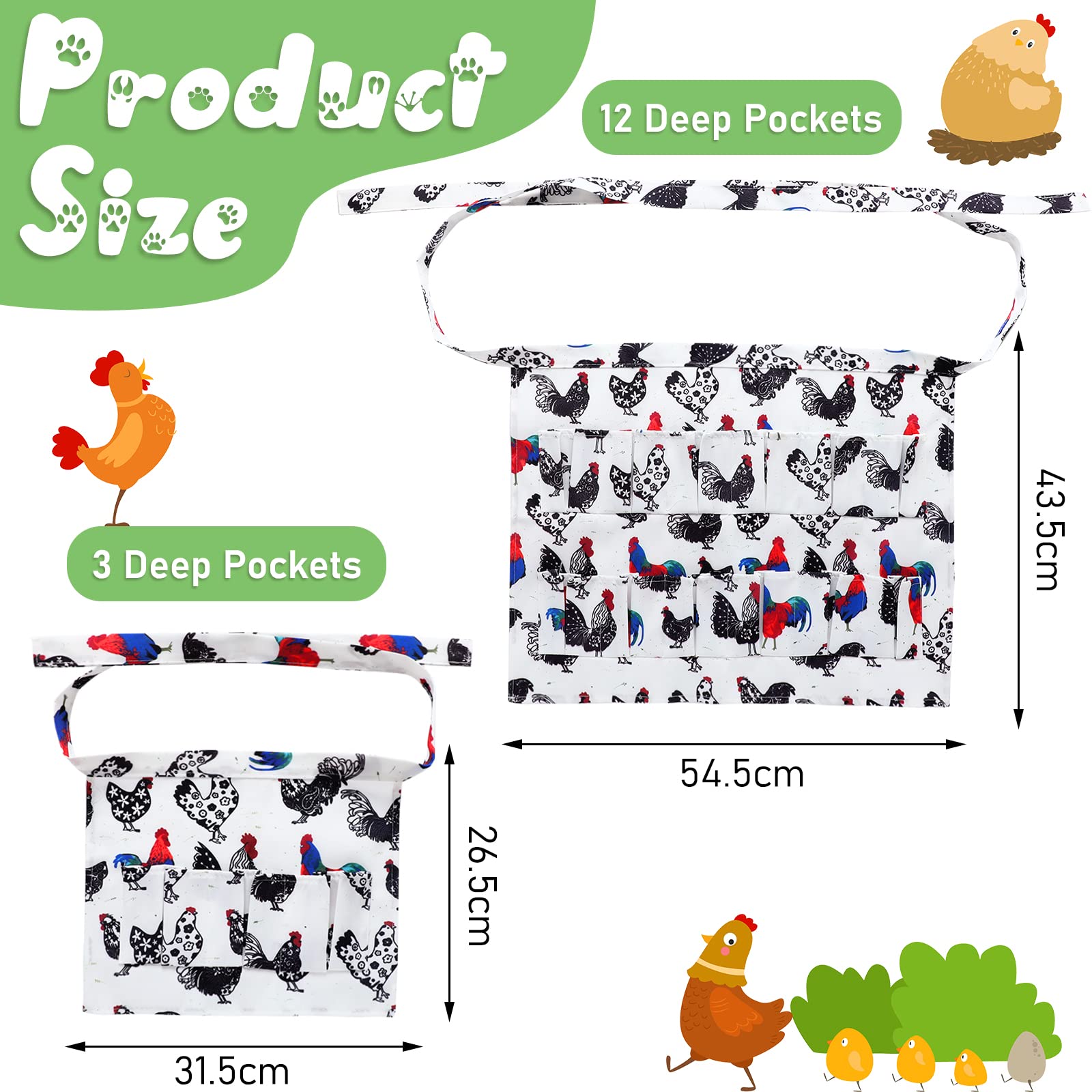 2 Pieces Chicken Egg Apron, Adult and Kid Size, 12 Deep Pockets Hen Duck Goose Eggs Holder Aprons Eggs Collecting Gathering Holding Apron for Farmhouse Kitchen Home Workwear