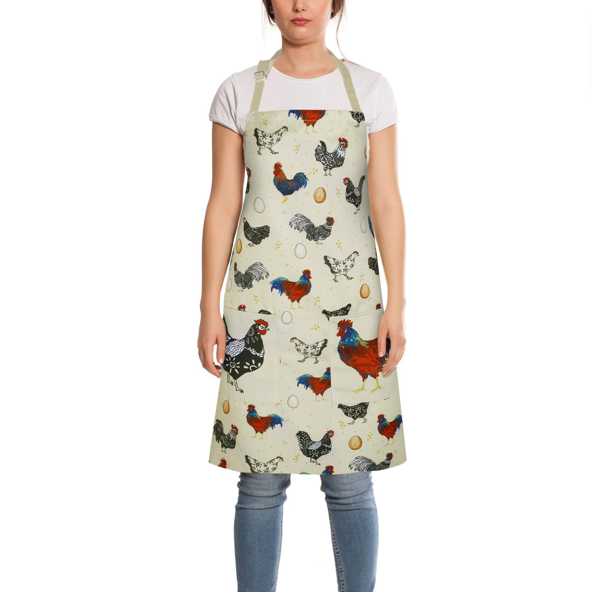 RosieLily Rooster Apron Chicken Apron for Women Beige Apron with Pockets for Cooking Baking Gardening Cute Rooster Gifts for Women Chicken Gift for Chicken Lovers Farm Thanksgiving Easter Holiday