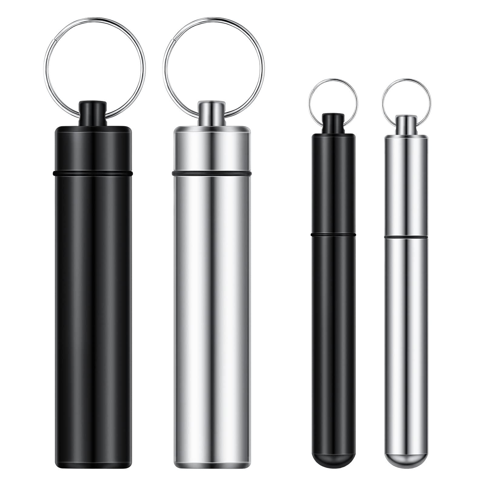 4 Pieces 2 Sizes Metal Portable Toothpick Holder, aluminum alloy Pocket Toothpick Holder Aluminum Waterproof Case Toothpick Container with Keychain for Outdoor Picnic and Camping (Silver, Black)