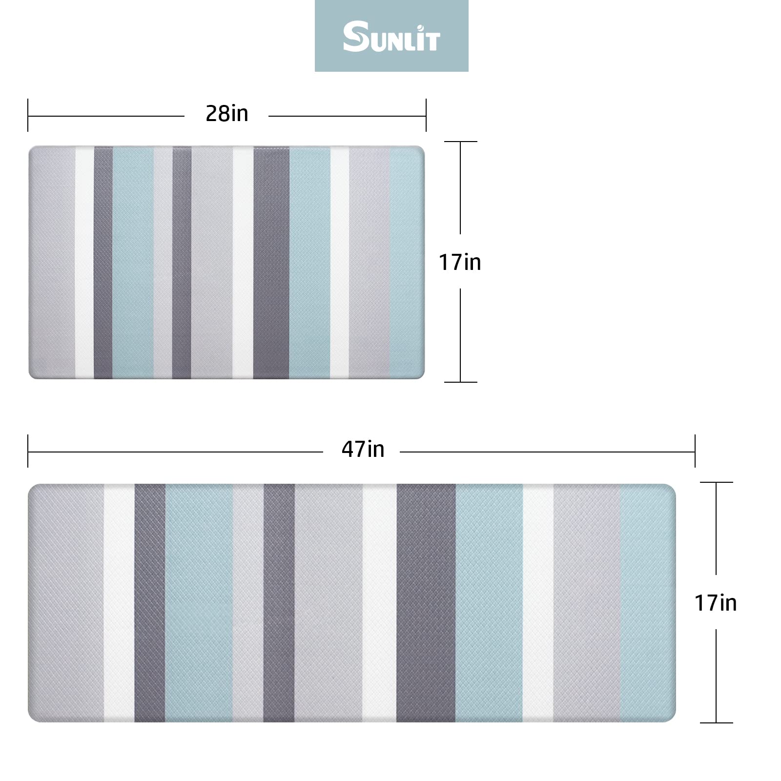 Sunlit Set of 2 Anti Fatigue Kitchen Floor Mat, Non Slip Waterproof Comfort Standing Mat, 0.4Inch Thick Cushioned Anti Fatigue Kitchen Rug Runner, Aqua Blue Gray Stripes(Size:17"x28"&17"x47")