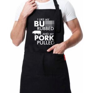 XBPDMWIN Funny Cooking Aprons for Men - I Like My Butt Rubbed and My Pork Pulled - Grilling BBQ Apron for Mens with 2 Pockets - Birthday Gifts for Men, Husband, Boyfriend, Guy, Dad, Friends, Him