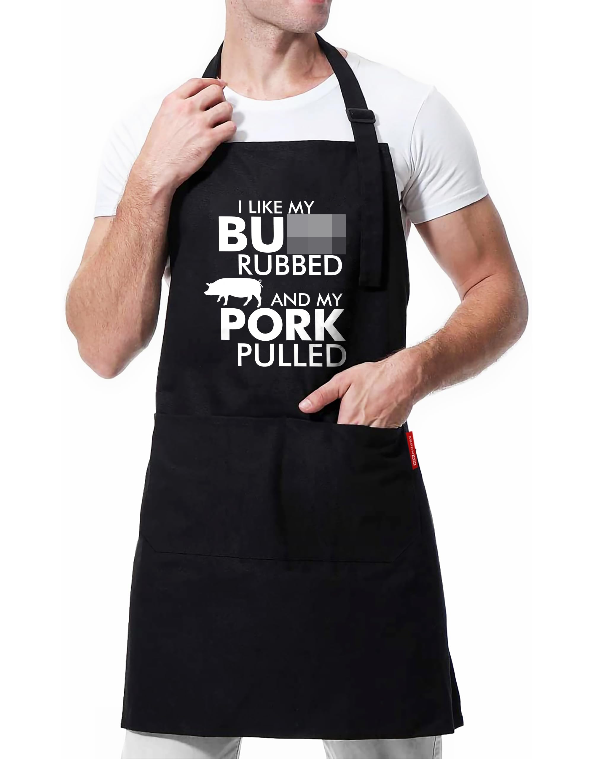 XBPDMWIN Funny Cooking Aprons for Men - I Like My Butt Rubbed and My Pork Pulled - Grilling BBQ Apron for Mens with 2 Pockets - Birthday Gifts for Men, Husband, Boyfriend, Guy, Dad, Friends, Him