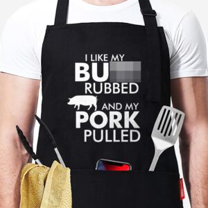 XBPDMWIN Funny Cooking Aprons for Men - I Like My Butt Rubbed and My Pork Pulled - Grilling BBQ Apron for Mens with 2 Pockets - Birthday Gifts for Men, Husband, Boyfriend, Guy, Dad, Friends, Him