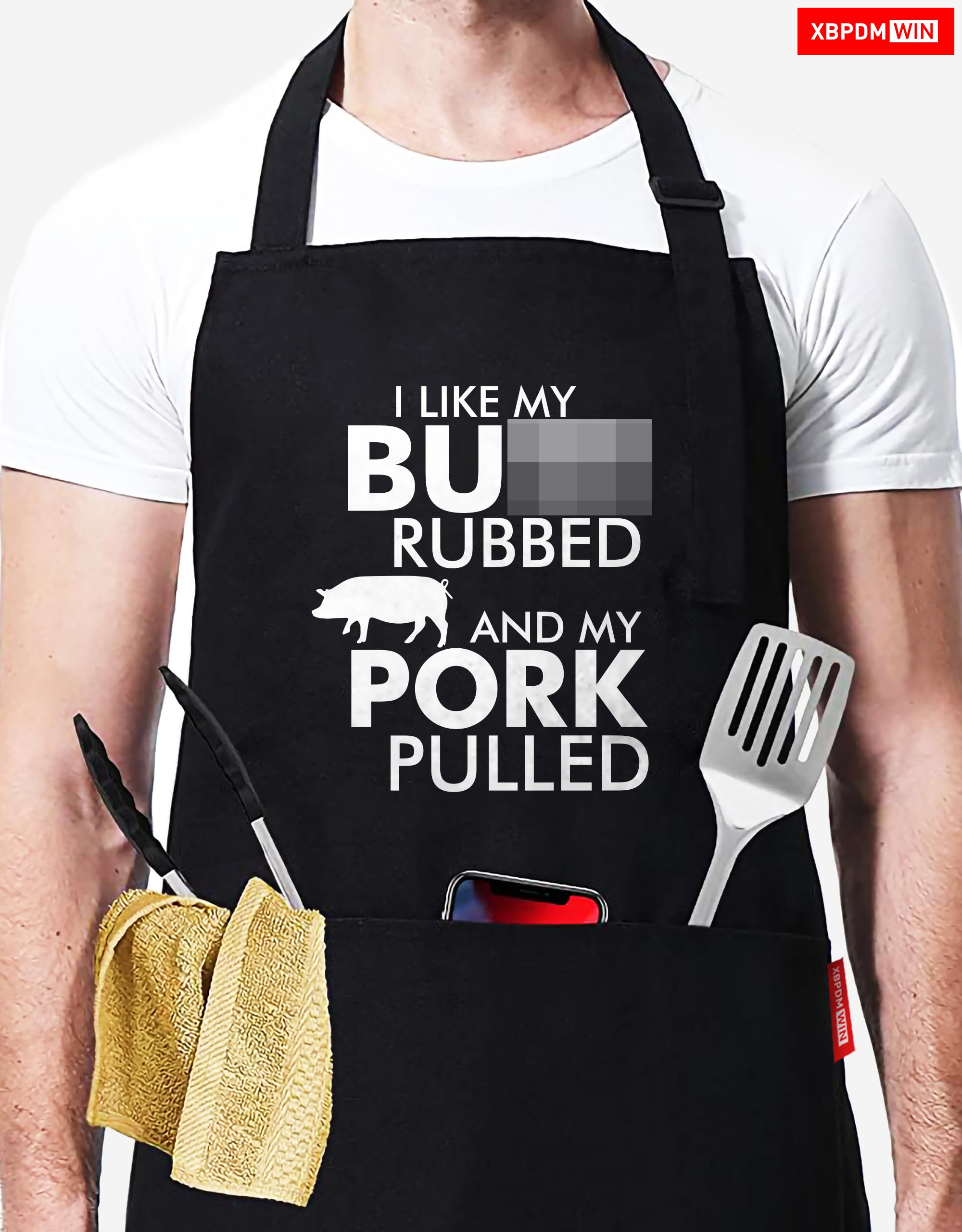 XBPDMWIN Funny Cooking Aprons for Men - I Like My Butt Rubbed and My Pork Pulled - Grilling BBQ Apron for Mens with 2 Pockets - Birthday Gifts for Men, Husband, Boyfriend, Guy, Dad, Friends, Him