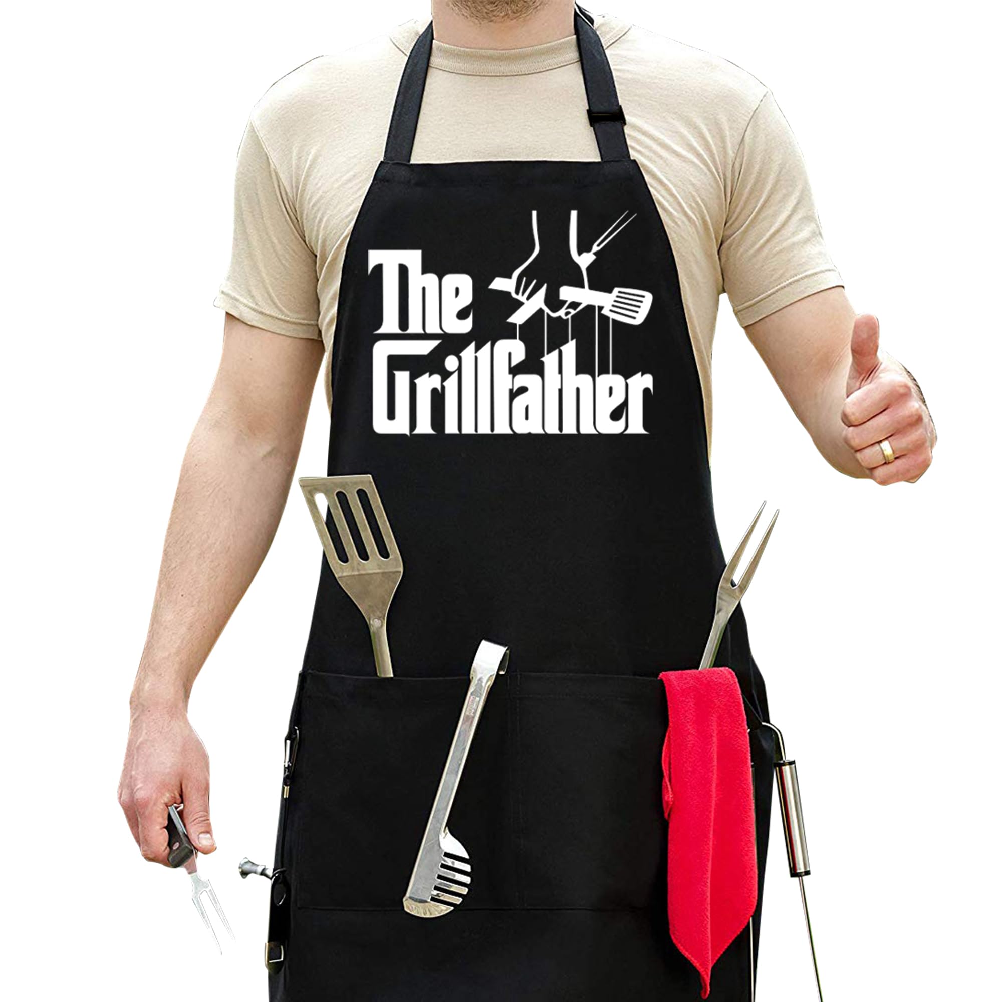 APRON DADDY Aprons for Men - The Grillfather - BBQ Apron for grilling - Extra Large 1 Size Fits All - Poly/Cotton Apron with 2 Pockets - Grill Father Gift for Cooking Dad, Husband