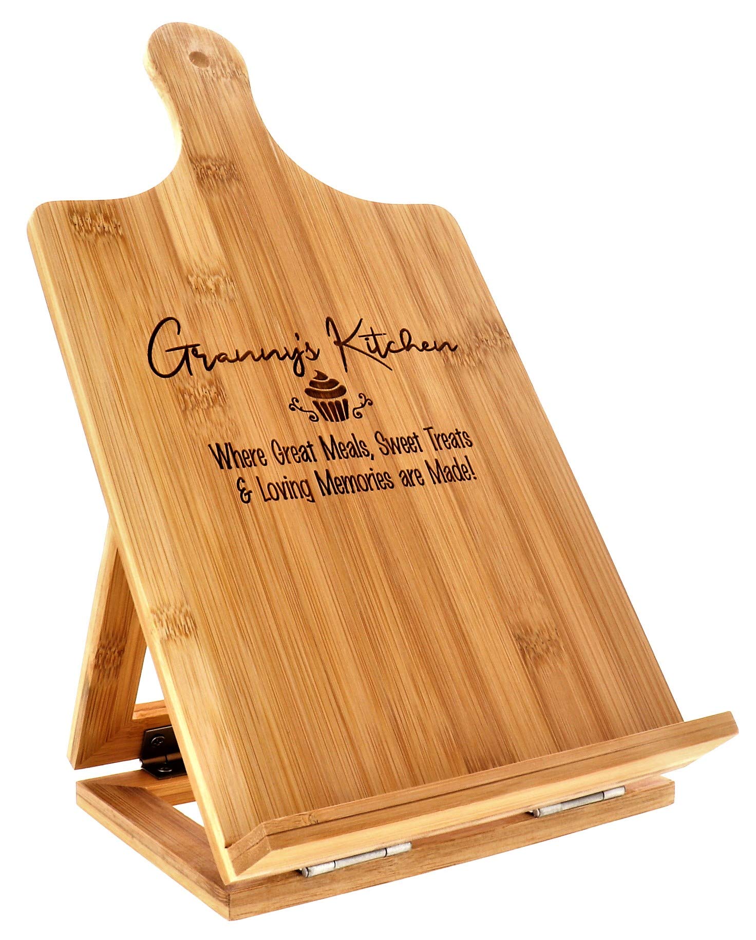 Granny’s Recipe Cookbook Holder Stand Gift - Custom Engraved Bamboo Cutting Board Foldable Chef Easel Metal Hinges Kickstand iPad Tablet Compatible Christmas Birthday Kitchen Decor Design (7.25x13.5)