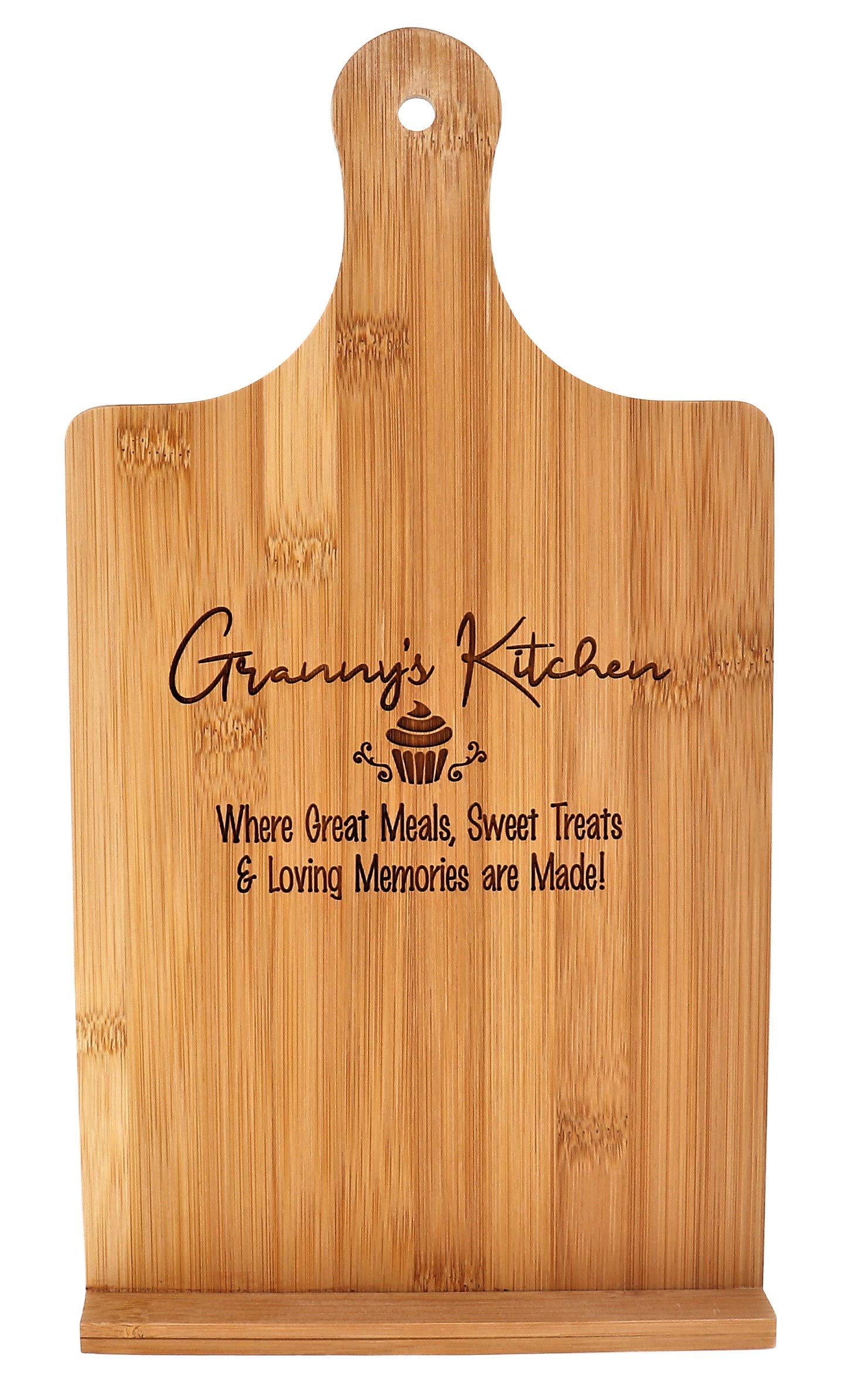 Granny’s Recipe Cookbook Holder Stand Gift - Custom Engraved Bamboo Cutting Board Foldable Chef Easel Metal Hinges Kickstand iPad Tablet Compatible Christmas Birthday Kitchen Decor Design (7.25x13.5)