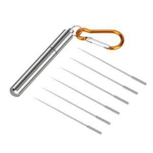 xinyuwin mini pocket toothpick holder with 6pcs reusable titanium toothpicks, portable outdoor stainless steel toothpick fruit picks with keychain for camping picnic