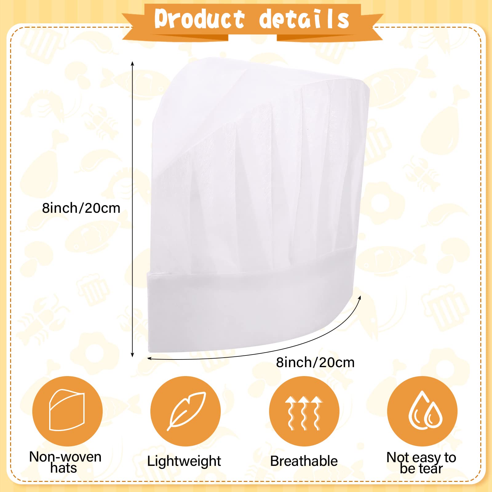 60 Pack 8 Inch Kids White Chef Hats Non Woven Chef Toques Chef Caps Kitchen Chef Caps for Baking Cooking Home Kitchen School Pizza Party Supplies, Large