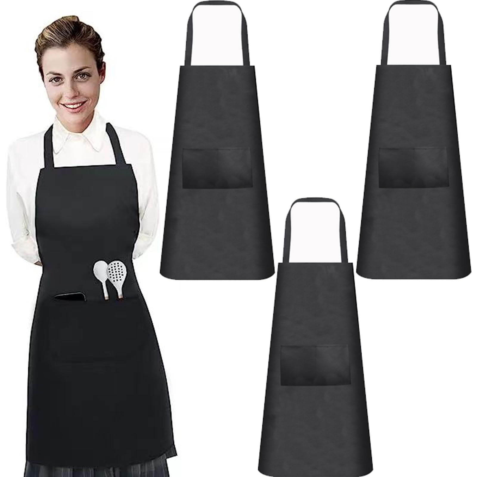 TFJAYTOO 3 Packs Chef Aprons, Black Waterproof Apron, Adjustable Apron with 2 Pockets for Men and Women, Professional Apron for Kitchen Cooking, Gardening, Painting etc.