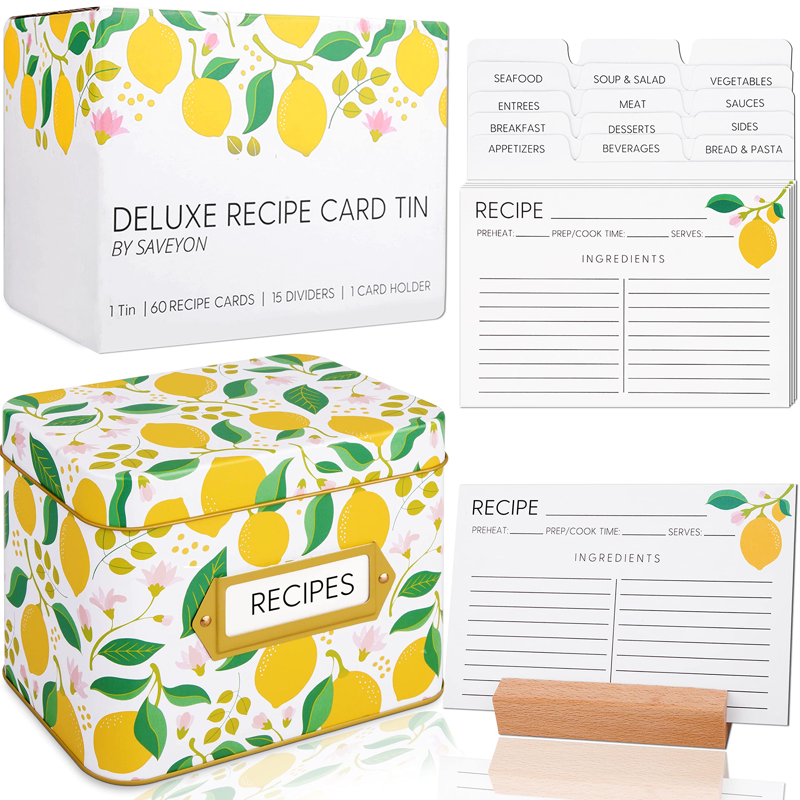 SAVEYON Lemon Recipe Box with Cards and Dividers - 60 Lemon Decor Recipe Card Gift Box with 15 Recipe Card Dividers and Wooden Recipe Card Holder | Lemon Recipe Card Box, Lemon Recipe Tin