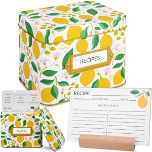 SAVEYON Lemon Recipe Box with Cards and Dividers - 60 Lemon Decor Recipe Card Gift Box with 15 Recipe Card Dividers and Wooden Recipe Card Holder | Lemon Recipe Card Box, Lemon Recipe Tin