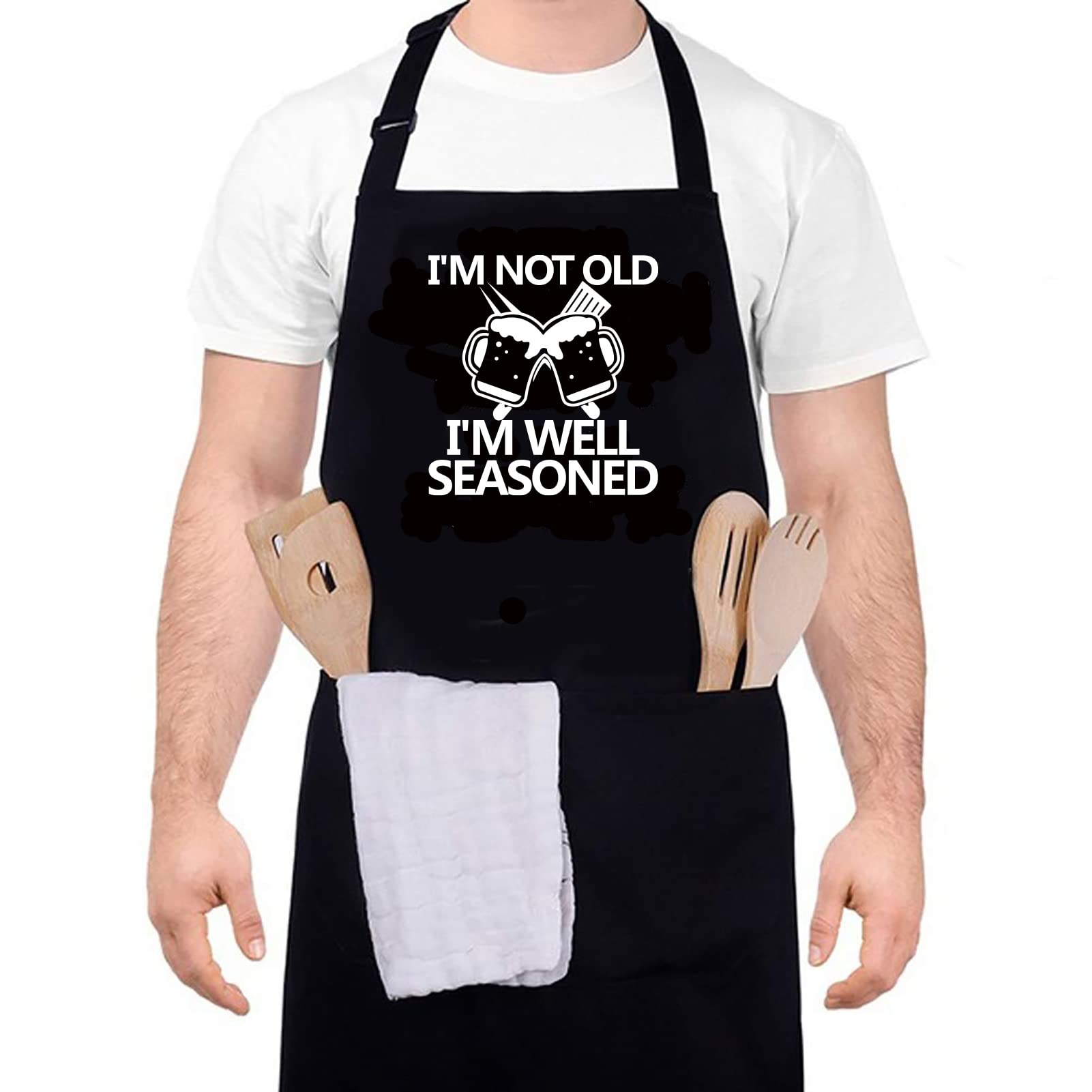 TRADFORE Grill Aprons for Men - I'm Well Seasoned - BBQ Aprons for Men, Grilling Aprons, Chef Cooking Apron with 2 Pockets & Adjustable Neck Strap for Grilling, Birthday Gifts for Dad, Mens