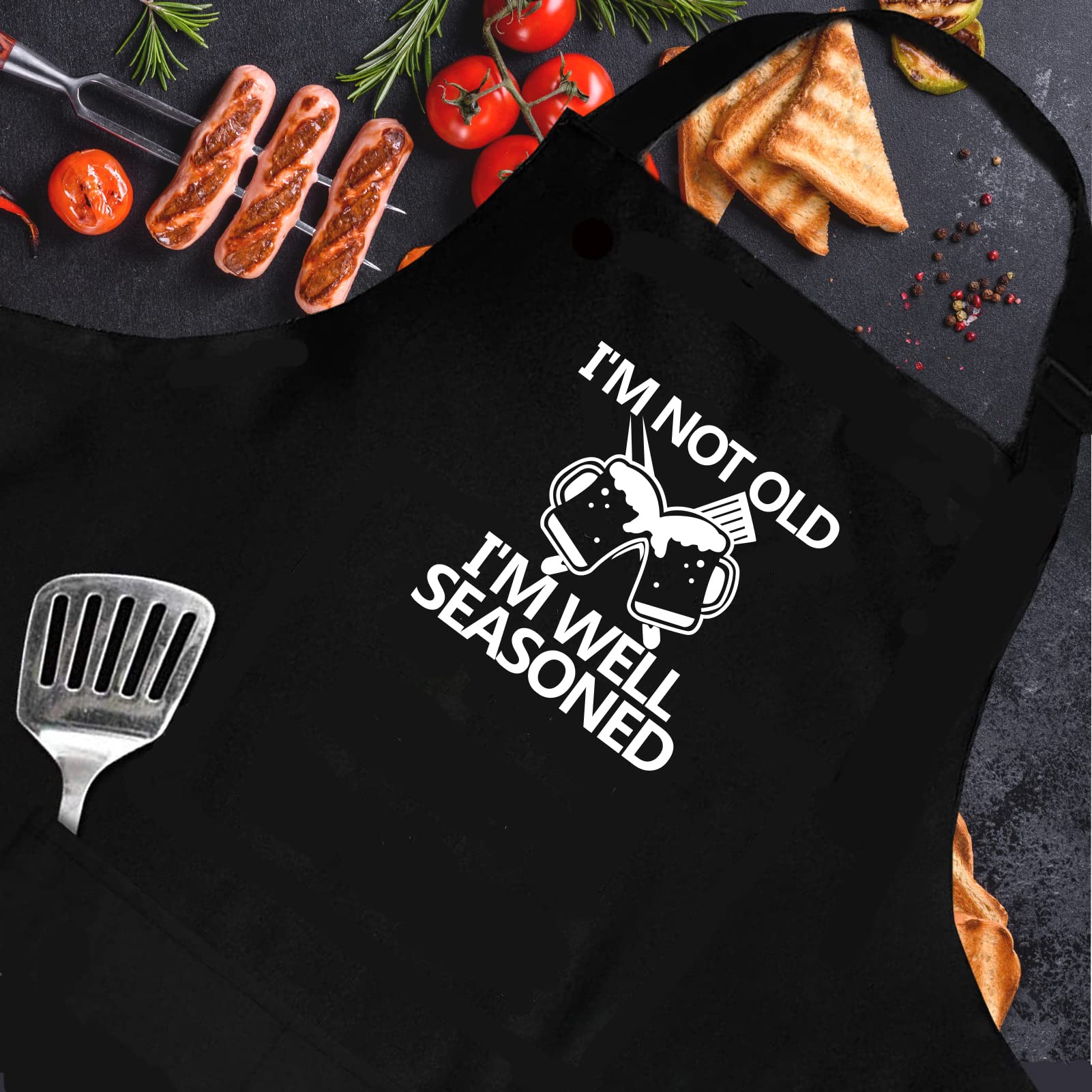 TRADFORE Grill Aprons for Men - I'm Well Seasoned - BBQ Aprons for Men, Grilling Aprons, Chef Cooking Apron with 2 Pockets & Adjustable Neck Strap for Grilling, Birthday Gifts for Dad, Mens