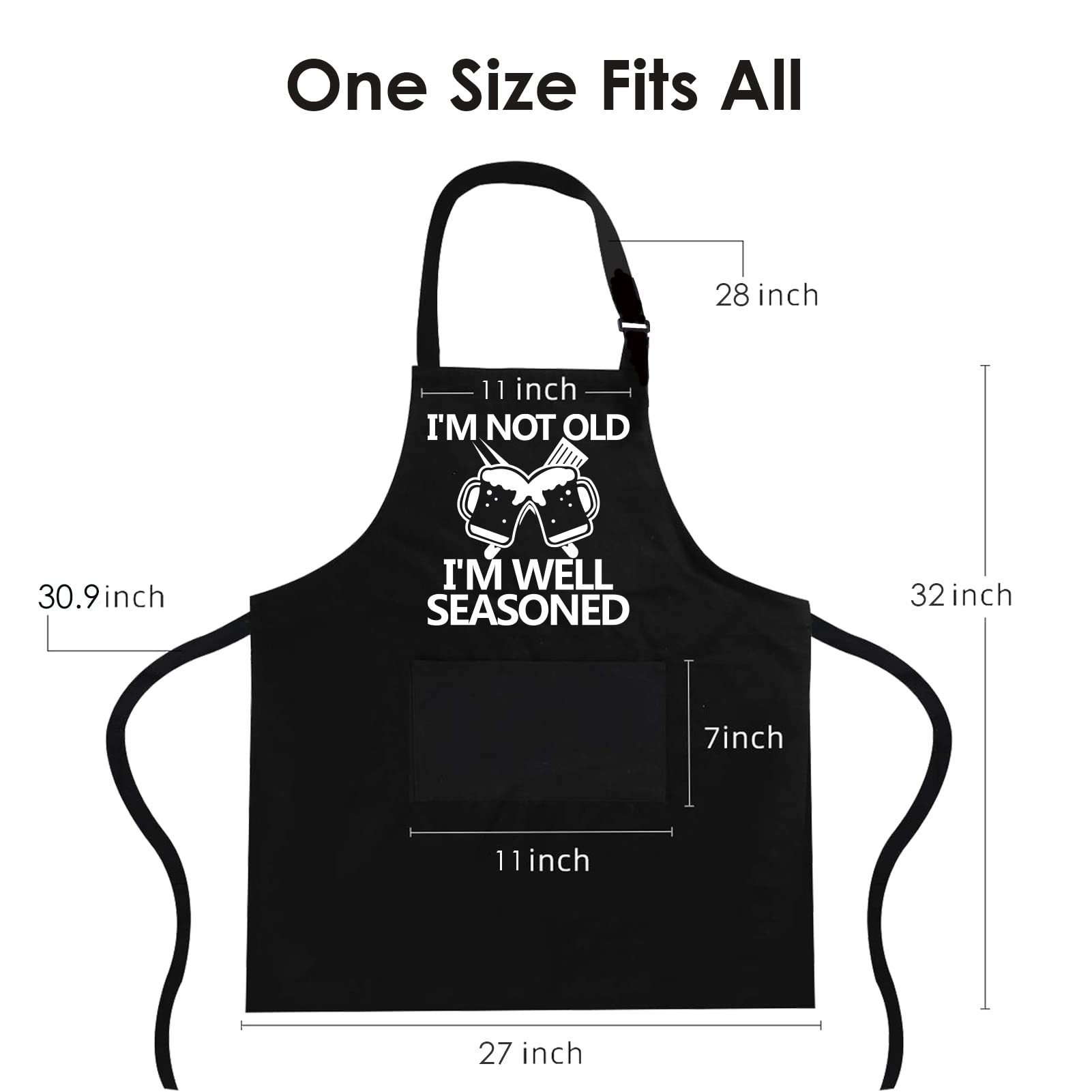 TRADFORE Grill Aprons for Men - I'm Well Seasoned - BBQ Aprons for Men, Grilling Aprons, Chef Cooking Apron with 2 Pockets & Adjustable Neck Strap for Grilling, Birthday Gifts for Dad, Mens