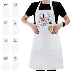 personalized kitchen apron initial name flowers design - customized woman man white aprons gift for chef cooking bbq grill baking white aprons - gifts for women men - unisex cotton, add your text -c02