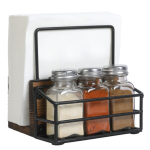 mygift rustic tabletop caddy, brown wood and black metal wire napkin holder with 3 glass seasoning/salt and pepper shakers