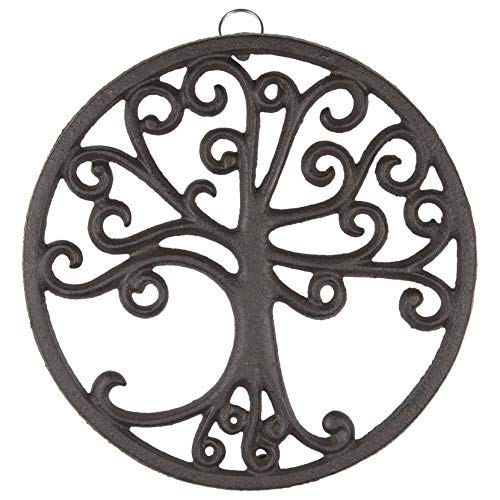 gasaré, Cast Iron Trivet for Hot Dishes, Pots, and Pans, Metal Trivet, Tree of Life Design, Rubber Feet Caps, Ring Hanger, 8 Inches, Brown, 1 Unit