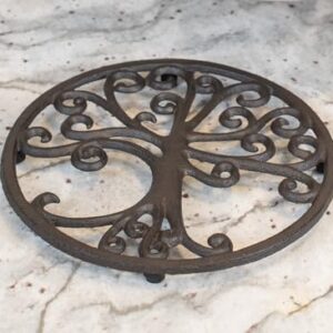 gasaré, Cast Iron Trivet for Hot Dishes, Pots, and Pans, Metal Trivet, Tree of Life Design, Rubber Feet Caps, Ring Hanger, 8 Inches, Brown, 1 Unit