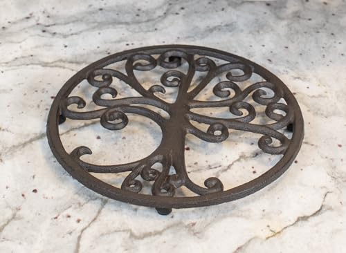 gasaré, Cast Iron Trivet for Hot Dishes, Pots, and Pans, Metal Trivet, Tree of Life Design, Rubber Feet Caps, Ring Hanger, 8 Inches, Brown, 1 Unit