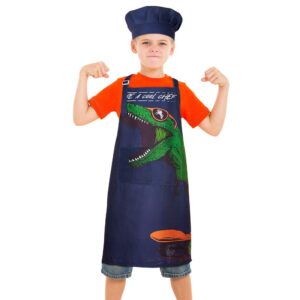 MHJY Kids Apron and Chef Hat for Boys Dinosaur Child Aprons with Pockets,Adjustable Child Apron for Cooking Baking Painting,Dark Blue,Small (3-7 Years)