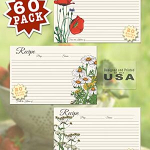 60 Pack 4x6 Double Sided Floral Recipe Cards | Blank Vintage Retro Elegant Flower Garden | Large Easy-Write Card Stock | Wedding Bridal Shower Gift