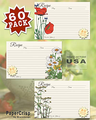 60 Pack 4x6 Double Sided Floral Recipe Cards | Blank Vintage Retro Elegant Flower Garden | Large Easy-Write Card Stock | Wedding Bridal Shower Gift