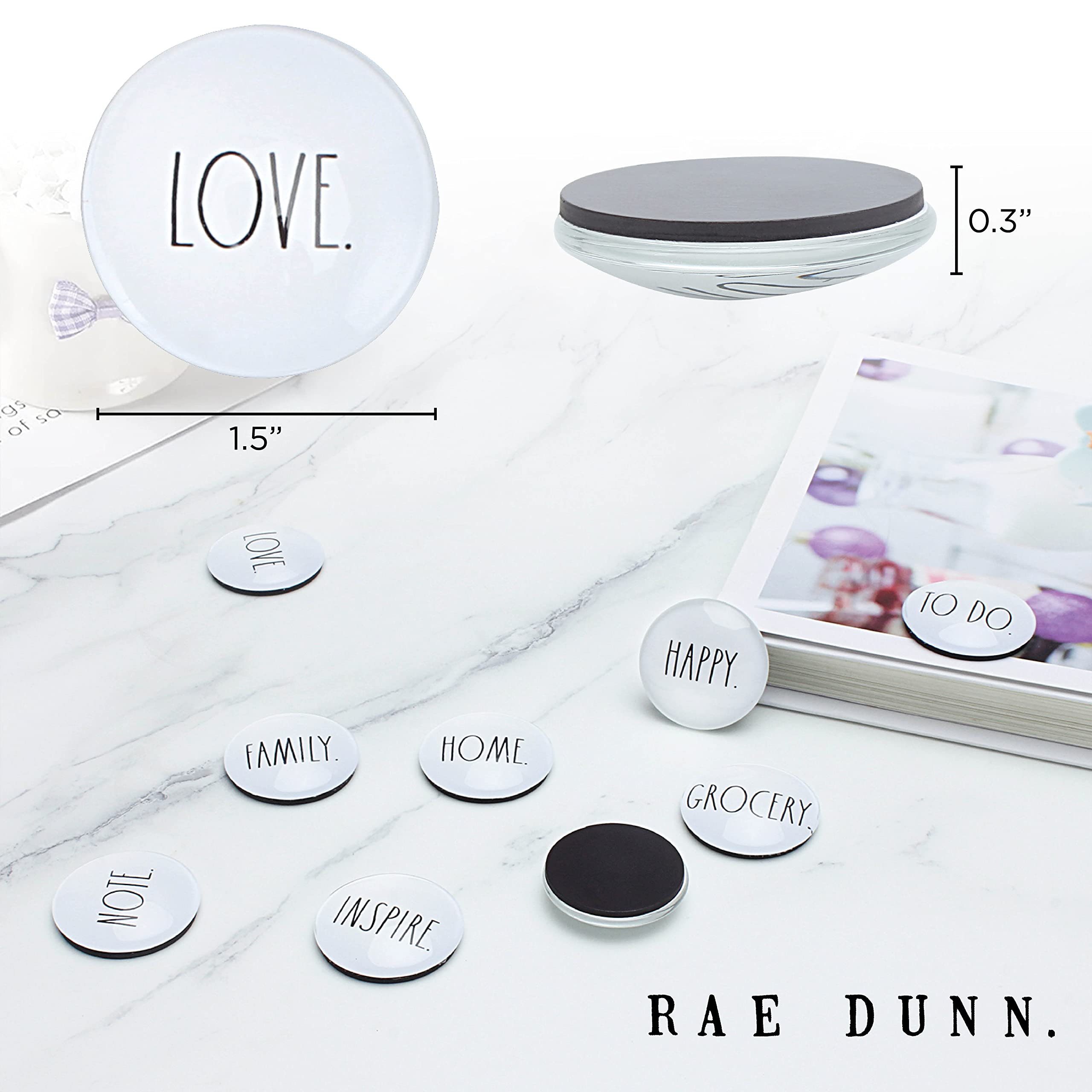 Rae Dunn Decorative Fridge Magnets – 9 Piece Cute Glass Magnets for Refrigerator – Magnets for Office Kitchen Magnets for Locker - Inspirational Magnets for Home and Family (White)