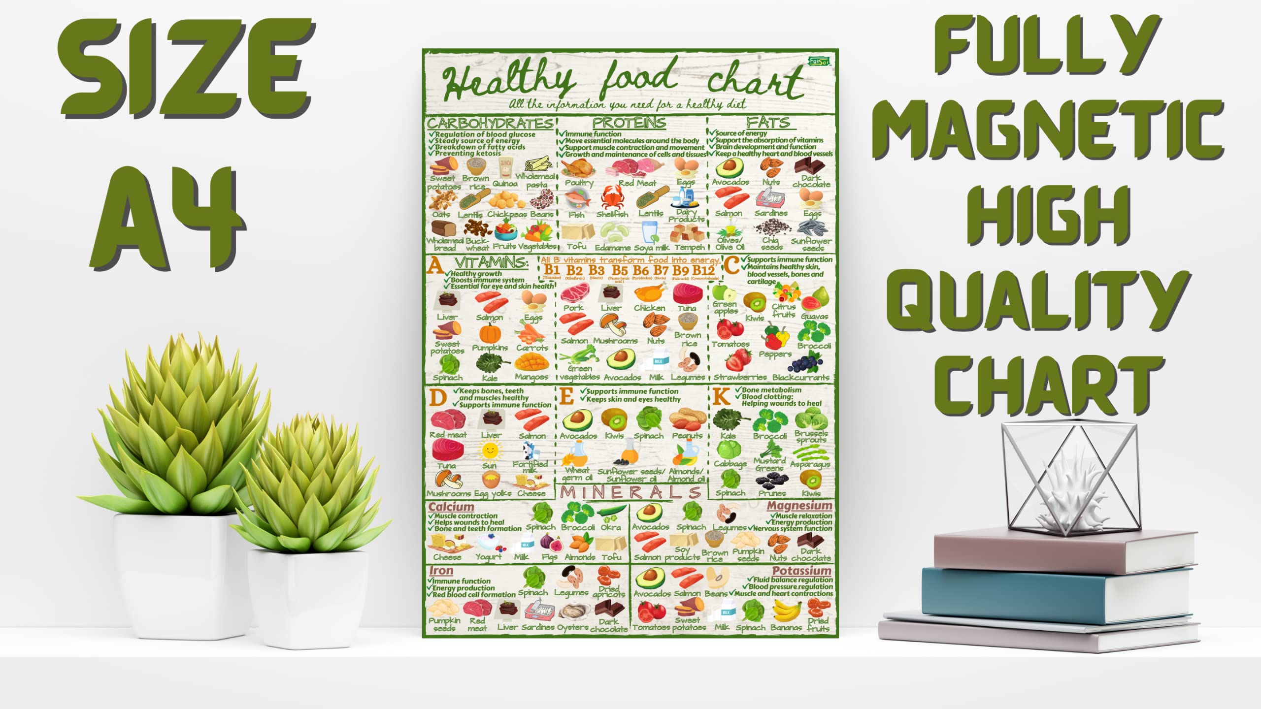 Healthy Food Chart Guide - Informative Nutrition Vitamins Minerals Magnetic Fridge Chart - Stylish Colourful Water Resistant Kitchen Guide Magnet