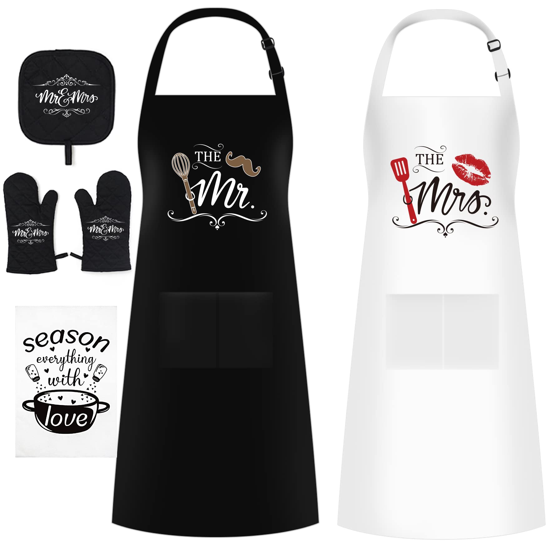 Mr and Mrs Gifts-Anniversary Wedding Gift for Couple,Christmas Bridal Shower Bachelorette Engagement for Bride, Newly Engaged,Registry Items,Kitchen Aprons with Oven Mitts Pot holder & Dish Towel