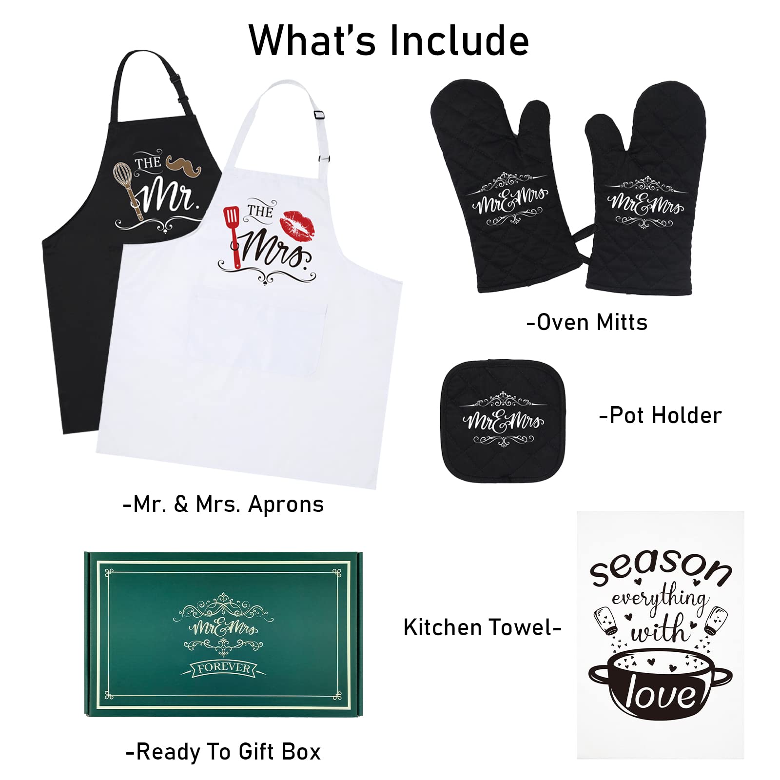 Mr and Mrs Gifts-Anniversary Wedding Gift for Couple,Christmas Bridal Shower Bachelorette Engagement for Bride, Newly Engaged,Registry Items,Kitchen Aprons with Oven Mitts Pot holder & Dish Towel