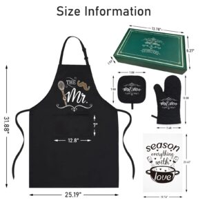 Mr and Mrs Gifts-Anniversary Wedding Gift for Couple,Christmas Bridal Shower Bachelorette Engagement for Bride, Newly Engaged,Registry Items,Kitchen Aprons with Oven Mitts Pot holder & Dish Towel