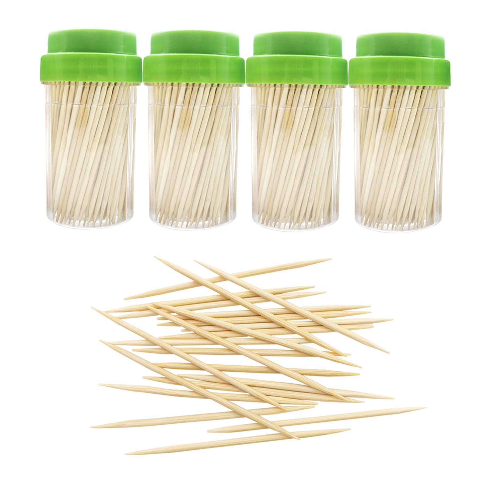 BLUE TOP Bamboo Wood Toothpicks 1000 PCS in 4 Bottles of 250, Round Sturdy Toothpick holder Double-Side Point,Toothpick Dispenser for Teeth,Food Pick Appetizers,Cocktails Fruits,Olive&DIY Craft