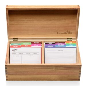 Beautiful Handcrafted Recipe Box of Genuine Acacia Wood - Larger Size Holds 500 4x6 Cards in 2 Rows. Includes 50 Cards, 15 Dividers, Grooved Lid Display. Protected with Mineral Varnish. Ideal Gift