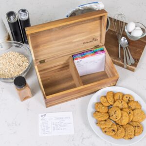 Beautiful Handcrafted Recipe Box of Genuine Acacia Wood - Larger Size Holds 500 4x6 Cards in 2 Rows. Includes 50 Cards, 15 Dividers, Grooved Lid Display. Protected with Mineral Varnish. Ideal Gift