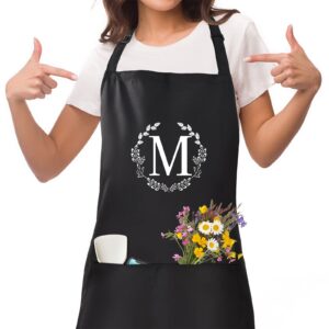 nobondo personalized apron with pockets, initial bib apron with adjustable neck and waist ties, monogrammed gift for women and men, supports cooking, crafting bbq drawing and gardening - with wreath m