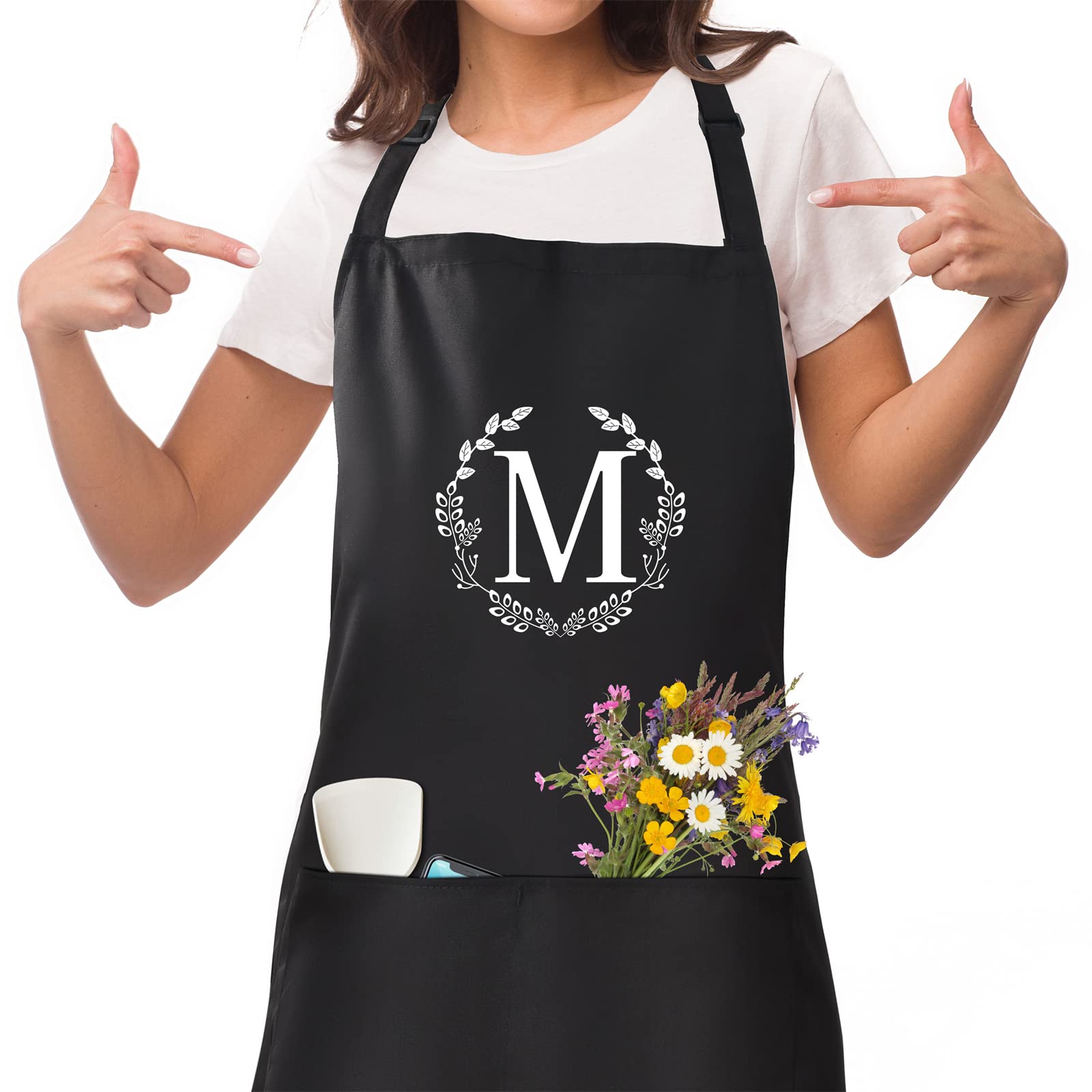 NOBONDO Personalized Apron with Pockets, Initial Bib Apron with Adjustable Neck and Waist Ties, Monogrammed Gift for Women and men, Supports Cooking, Crafting BBQ Drawing and Gardening - with Wreath M