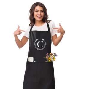 NOBONDO Personalized Apron with Pockets, Initial Bib Apron with Adjustable Neck and Waist Ties, Monogrammed Gift for Women and men, Supports Cooking, Crafting BBQ Drawing and Gardening - with Wreath M