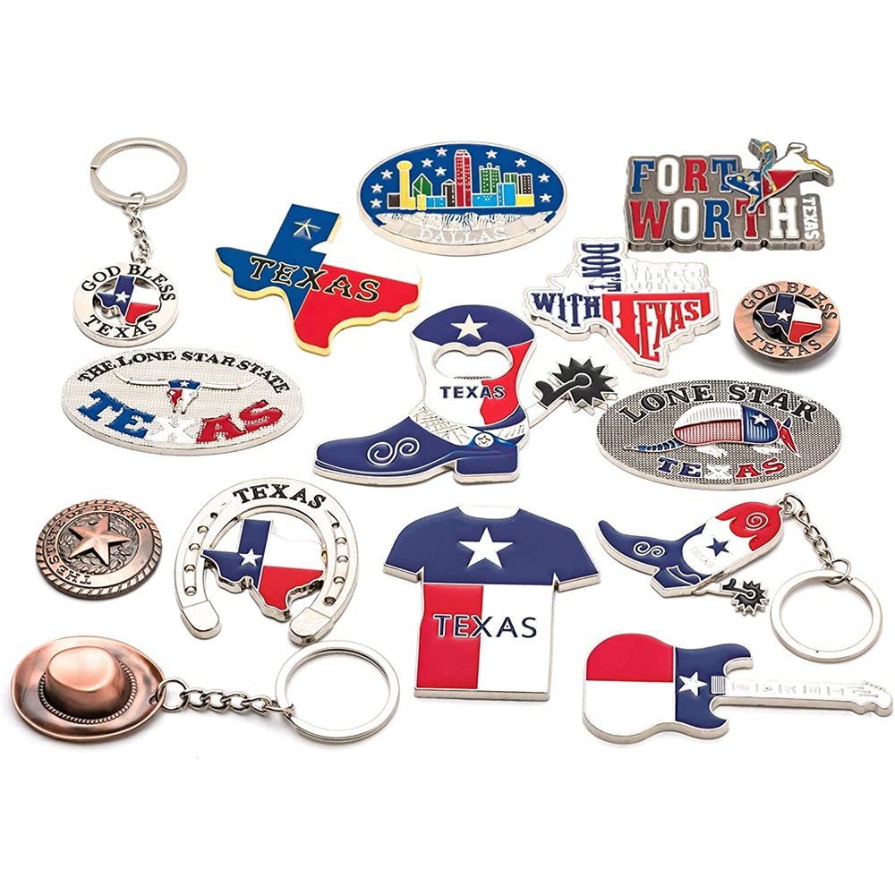 Lamatar1 Texan Charm: 15-Piece Souvenir Magnet & Keychain Set - Hat, Boot, God Bless' Design - Unique Texas Collection