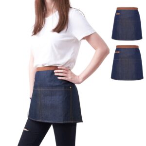 kpd 2 pack blue unisex waist denim aprons for home and kitchen,chef denim apron for waitress half short aprons restaurant for women men serve