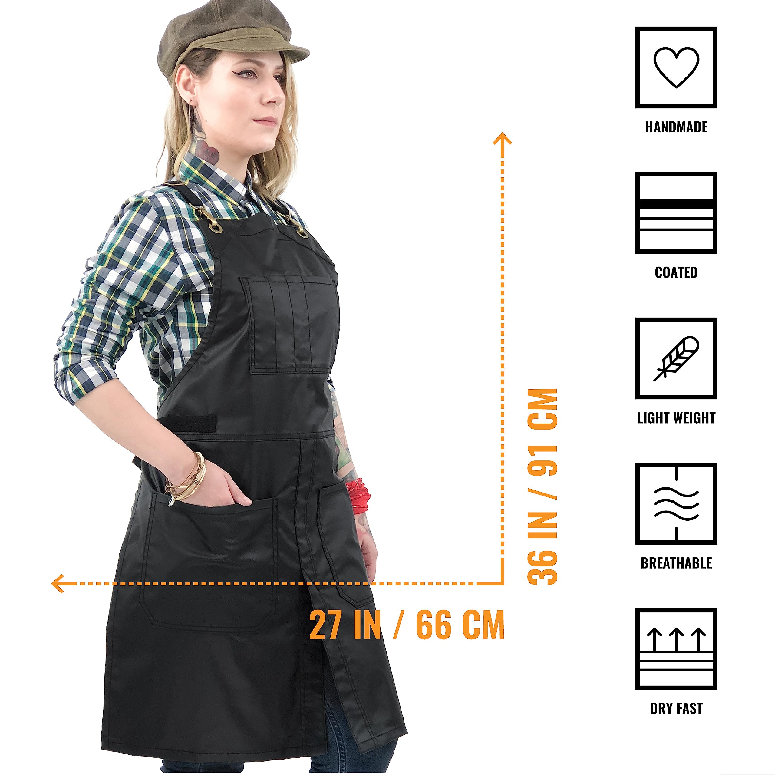 Under NY Sky Cross-Back Panther Black Apron – Coated Twill with Leather Reinforcement and Split-Leg – Adjustable for Men and Women – Pro Barber, Tattoo, Hair Stylist, Barista, Bartender, Server Aprons