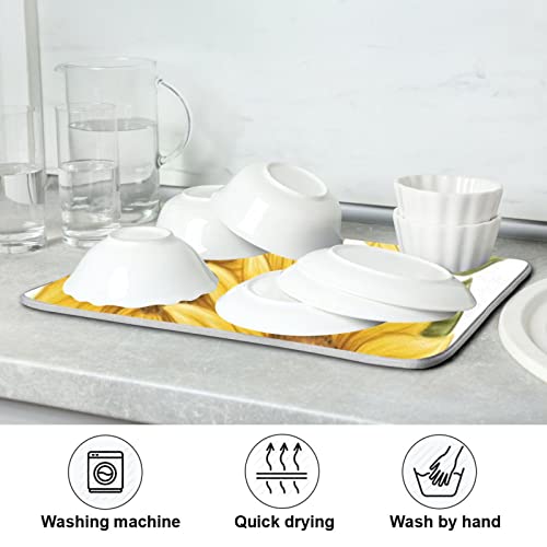 Absorbent Dish Drying Mat for Kitchen Counter - Yellow Sunflower Microfiber Drying Pad, Reversible Drainer Mats for Countertop, Small 16" x 18"