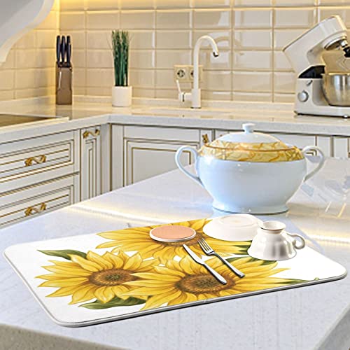 Absorbent Dish Drying Mat for Kitchen Counter - Yellow Sunflower Microfiber Drying Pad, Reversible Drainer Mats for Countertop, Small 16" x 18"