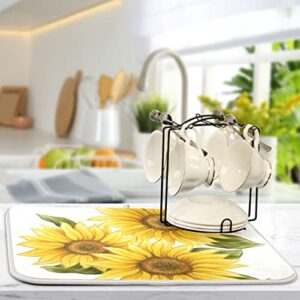 Absorbent Dish Drying Mat for Kitchen Counter - Yellow Sunflower Microfiber Drying Pad, Reversible Drainer Mats for Countertop, Small 16" x 18"