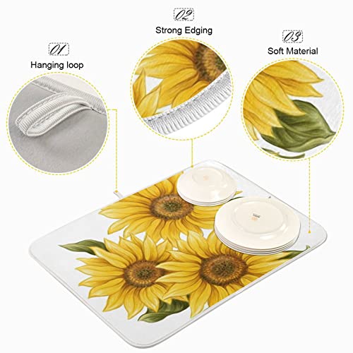 Absorbent Dish Drying Mat for Kitchen Counter - Yellow Sunflower Microfiber Drying Pad, Reversible Drainer Mats for Countertop, Small 16" x 18"