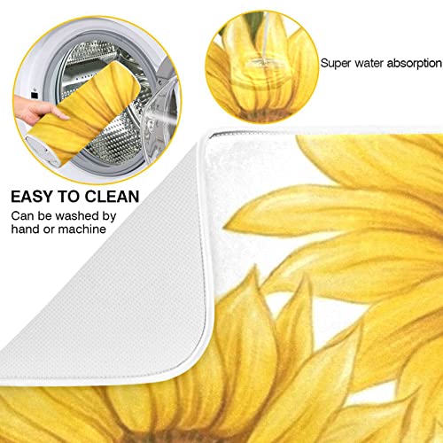 Absorbent Dish Drying Mat for Kitchen Counter - Yellow Sunflower Microfiber Drying Pad, Reversible Drainer Mats for Countertop, Small 16" x 18"