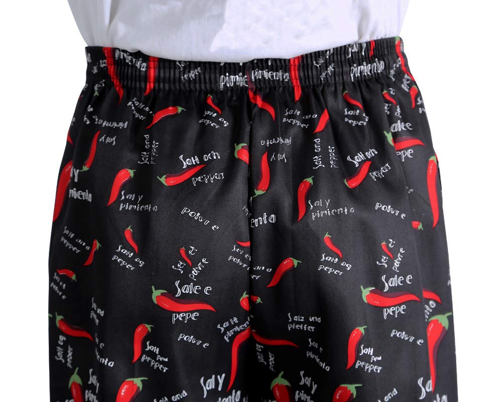 Men’s and Women's Baggy Printed Chef Pants Kitchen Uniforms with Elastic Waist Pants New Chili L