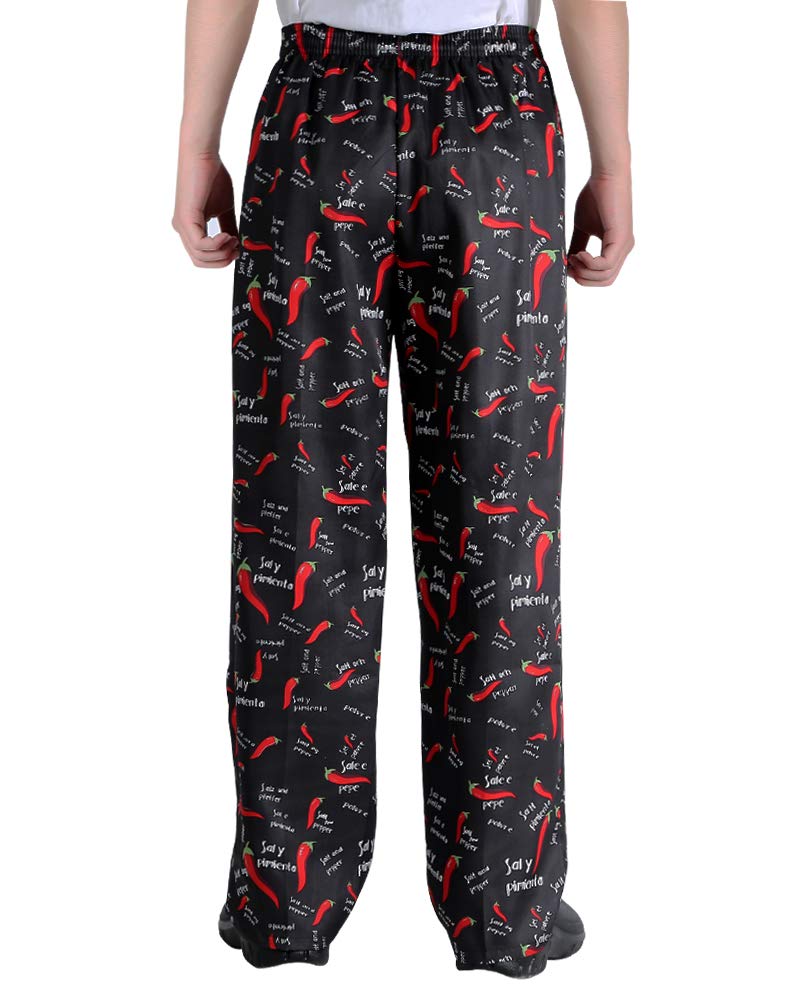 Men’s and Women's Baggy Printed Chef Pants Kitchen Uniforms with Elastic Waist Pants New Chili L