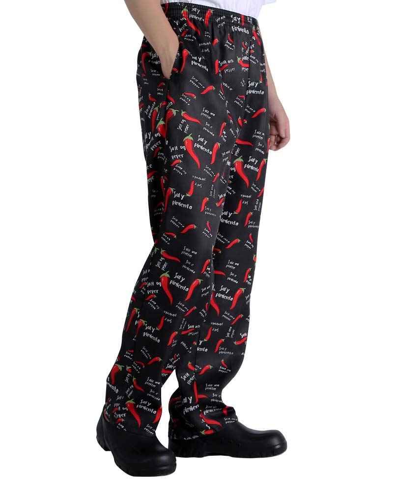 Men’s and Women's Baggy Printed Chef Pants Kitchen Uniforms with Elastic Waist Pants New Chili L